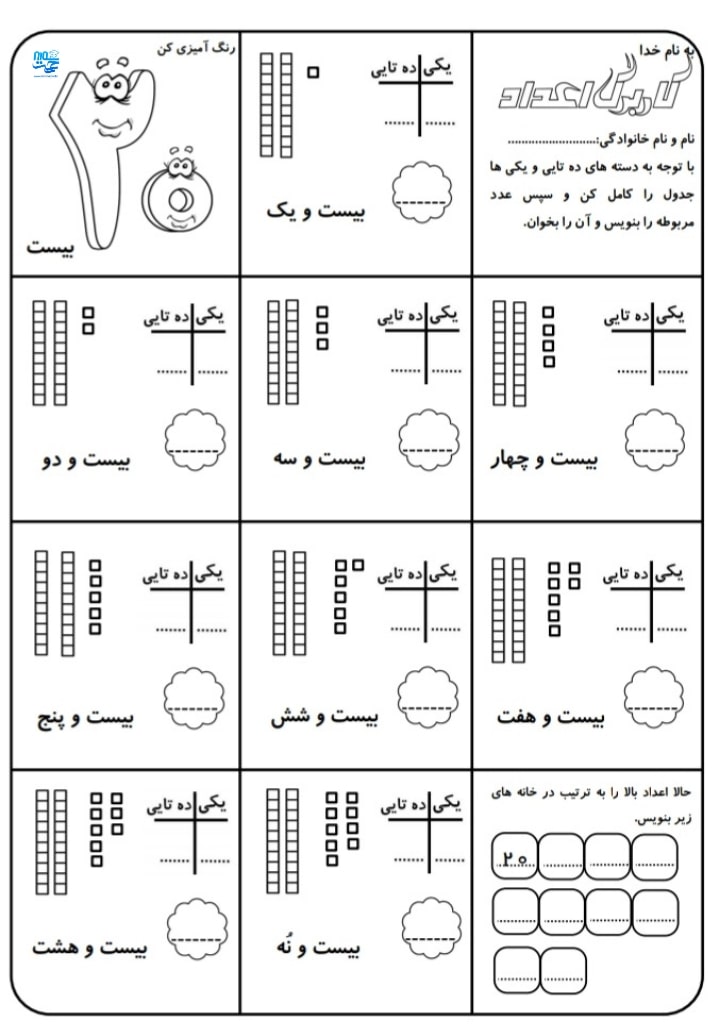 کاربرگ اعداد - جدول ارزش مکانی 20 تا 29 - دکتر سمیه رحمت